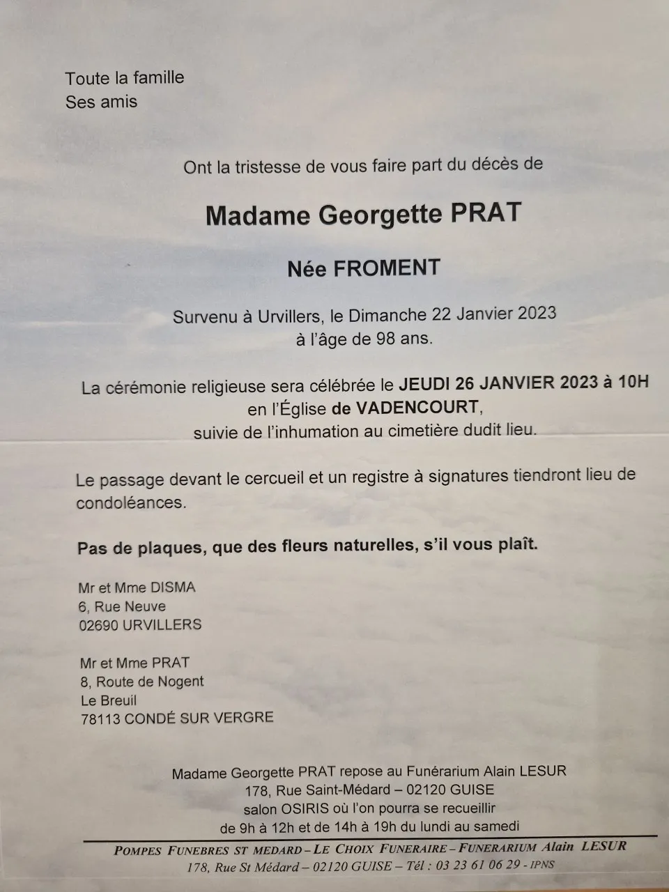 Avis de décès de Georgette PRAT | Cybille